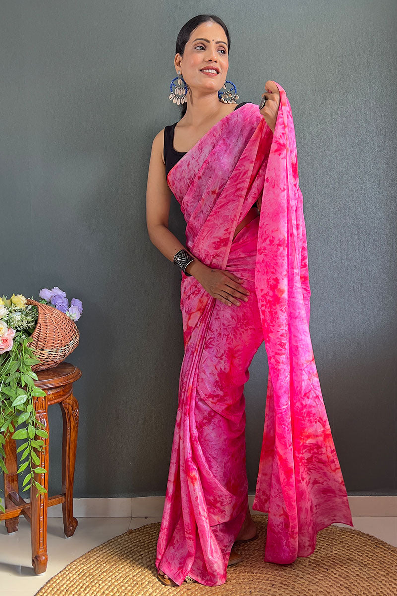 Quintessential Pink 1 Minute Ready To Wear Chinon Silk Saree – Annerafab